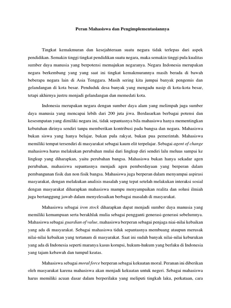 Essay Peran Mahasiswa Dan Pengimplementasiannya PDF | PDF