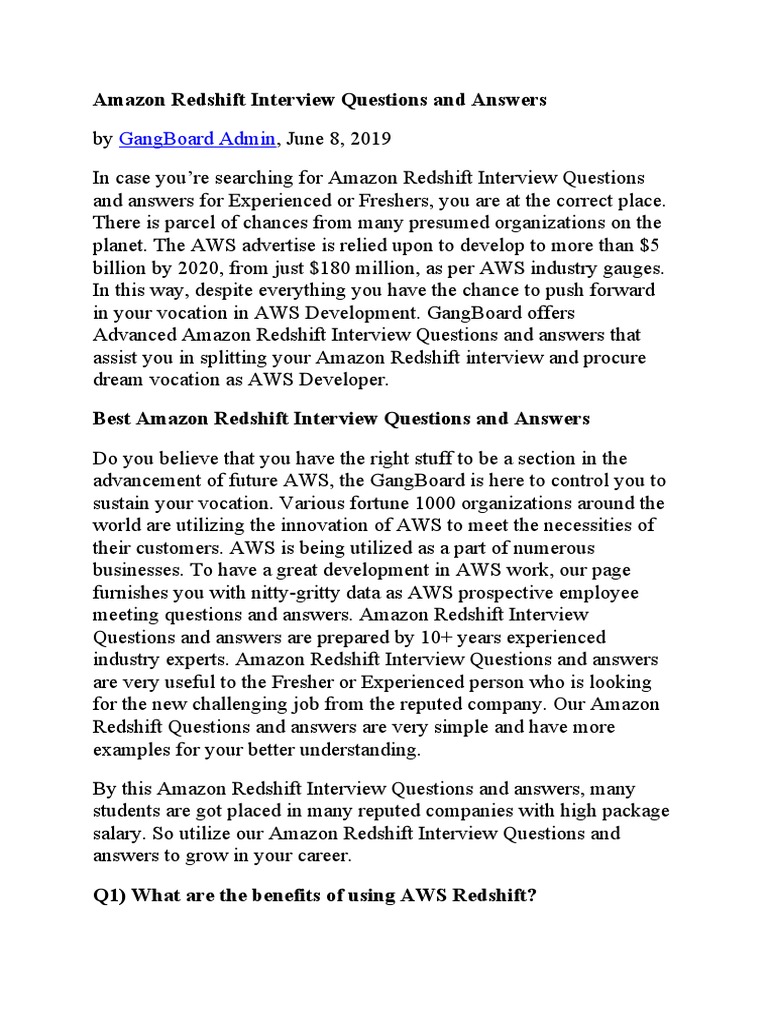 Gangboard Admin: Amazon Redshift Interview Questions and Answers | PDF | Amazon Web Services ...