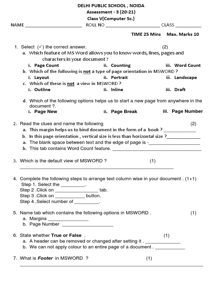 Computer Assessment 3 Class 5 - 01 10 20 | PDF