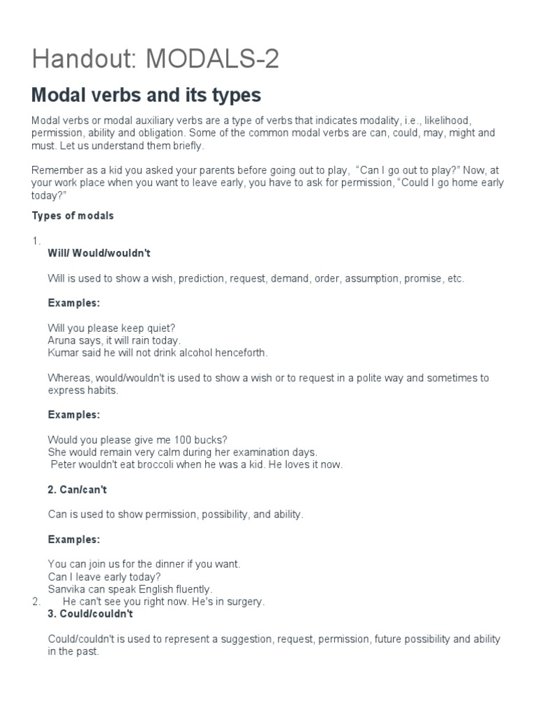 Handout: MODALS-2: Modal Verbs and Its Types | PDF | Verb | Language Mechanics