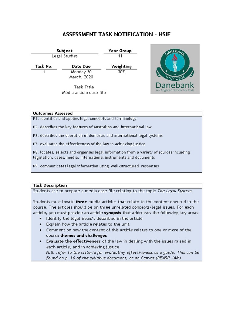 Assessment Task Notification - Hsie: Subject Year Group | PDF | Public ...