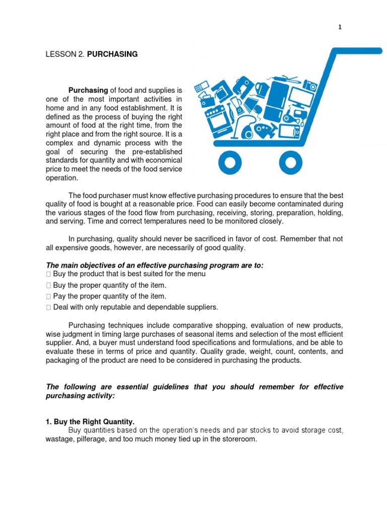Lesson 2. Purchasing: Purchasing of Food and Supplies Is | PDF | Foods ...