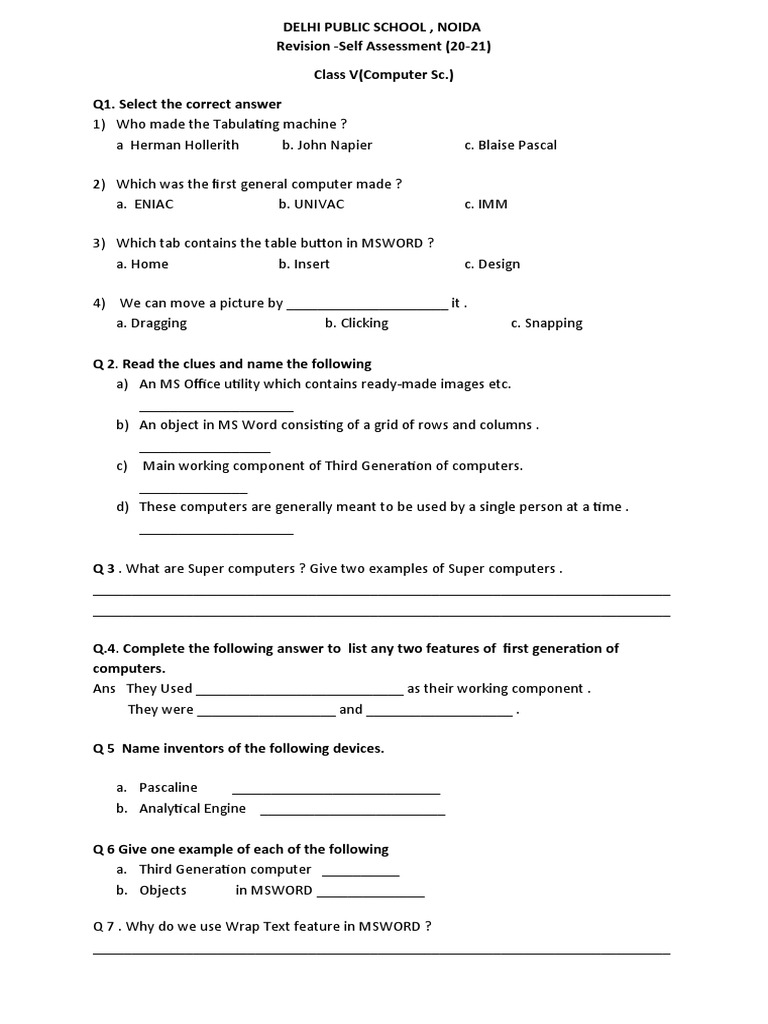 Revision Assessment Computer Class 5&answerkey | PDF | Manufactured ...