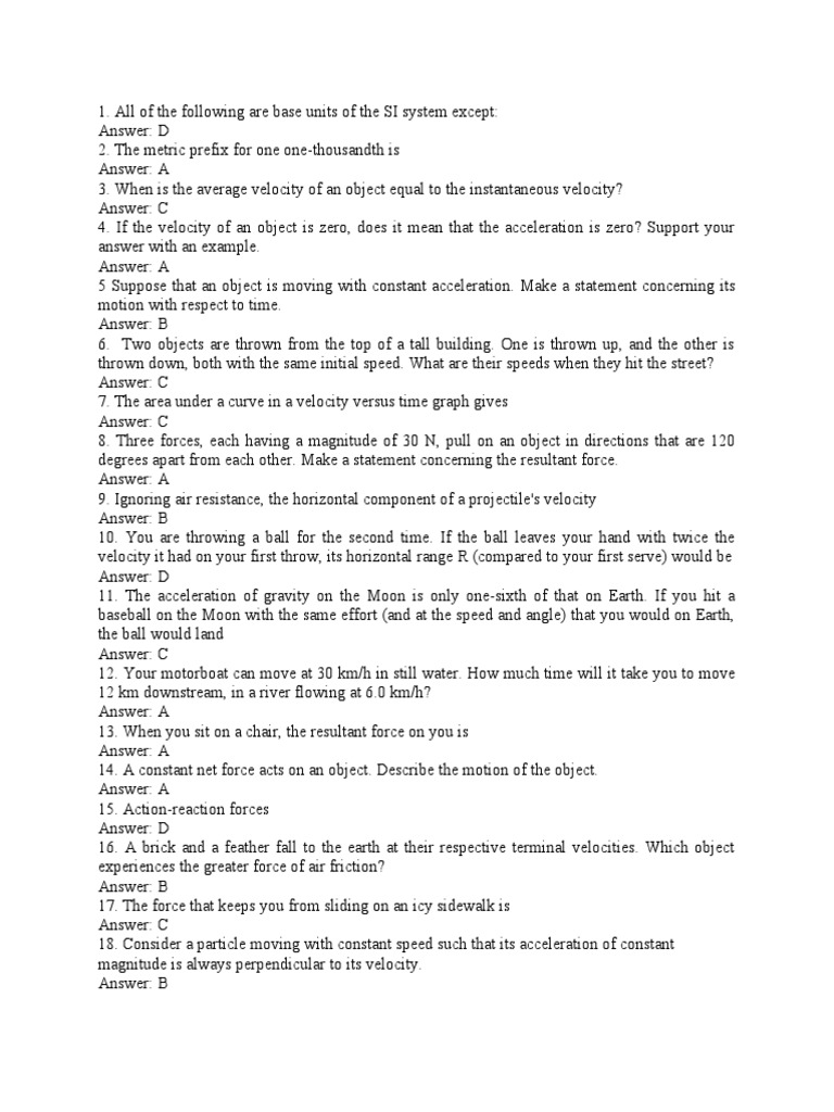Phy-Mech Answer Key | PDF | Acceleration | Force