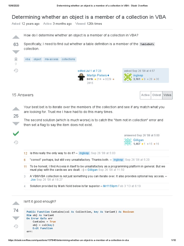Determining Whether An Object Is A Member of A Collection in VBA - Stack Overflow | PDF ...