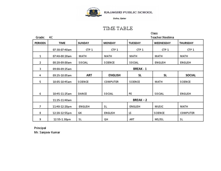 Time Table: Grade: 4C Class Teacher:Neelima | PDF