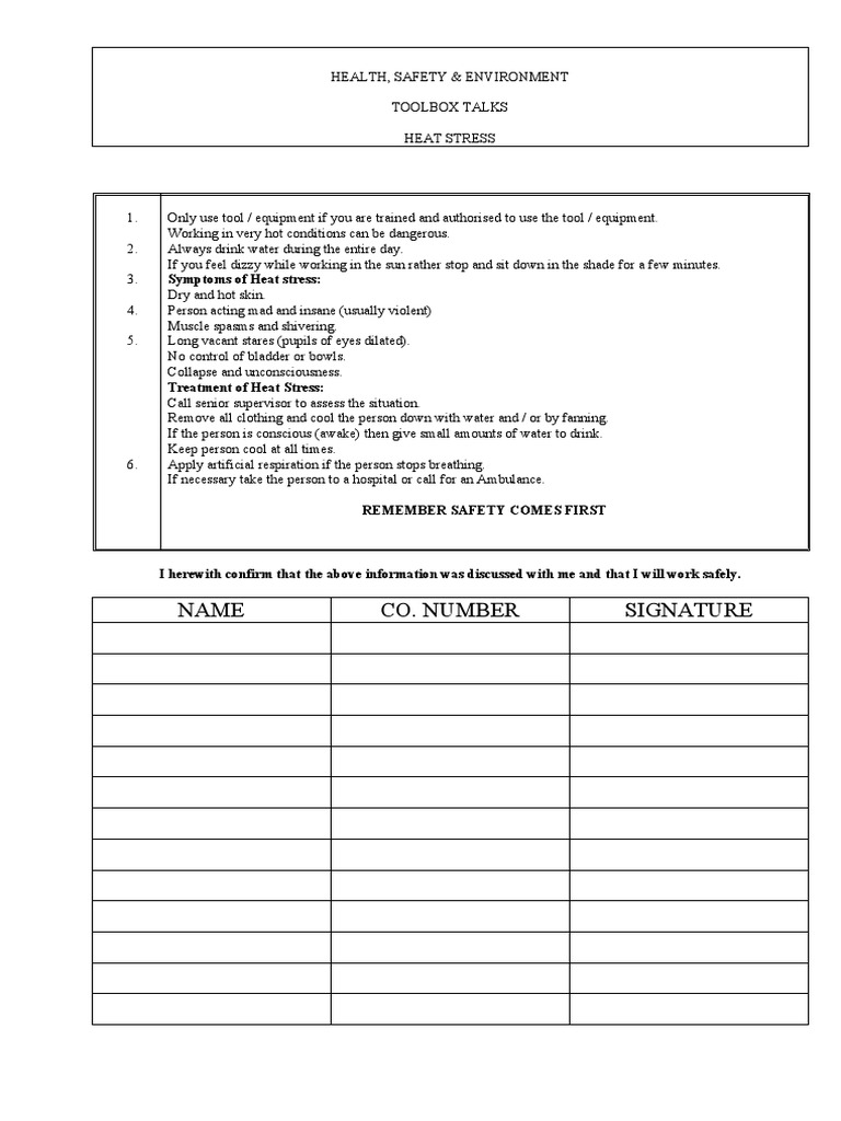 Name Co. Number Signature: Symptoms of Heat Stress | PDF | Wellness ...