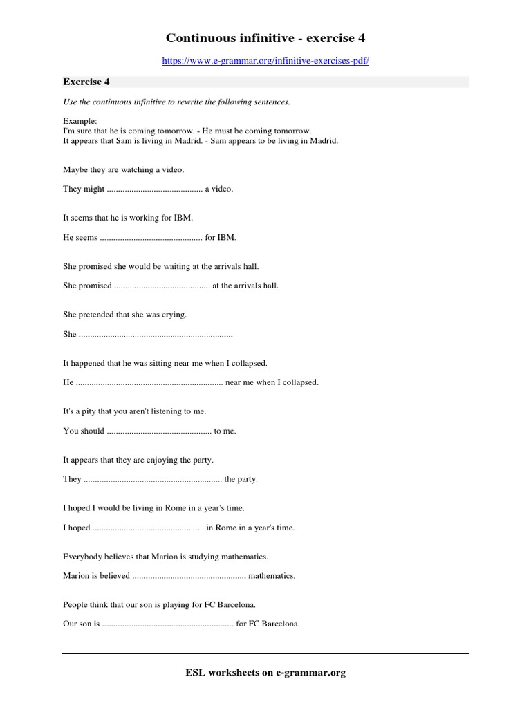 Continuous Infinitive - Exercise 4 | PDF