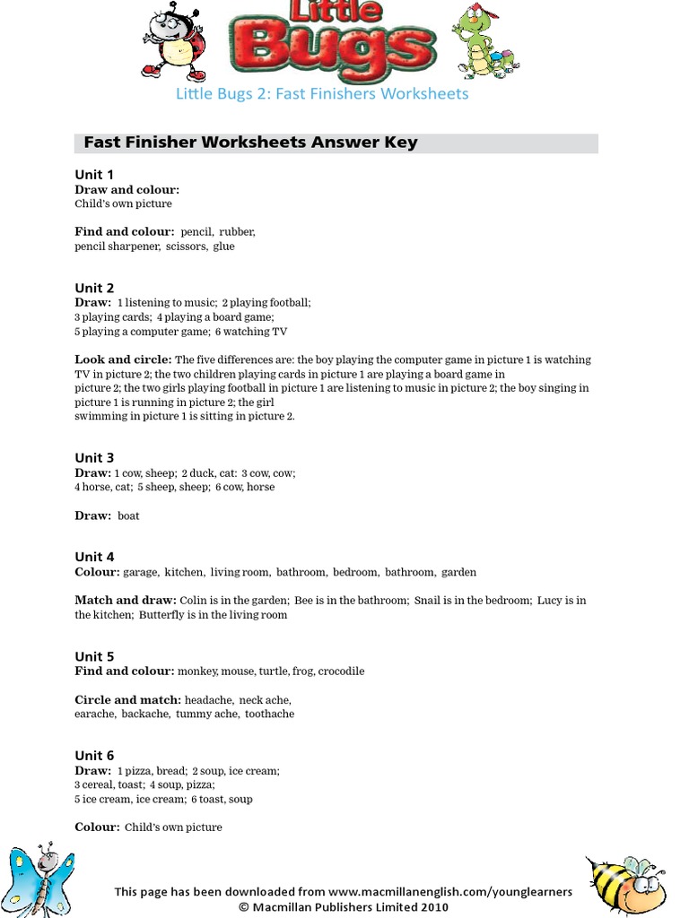 Little Bugs 2 Fast Finishers Answer Key PDF | PDF