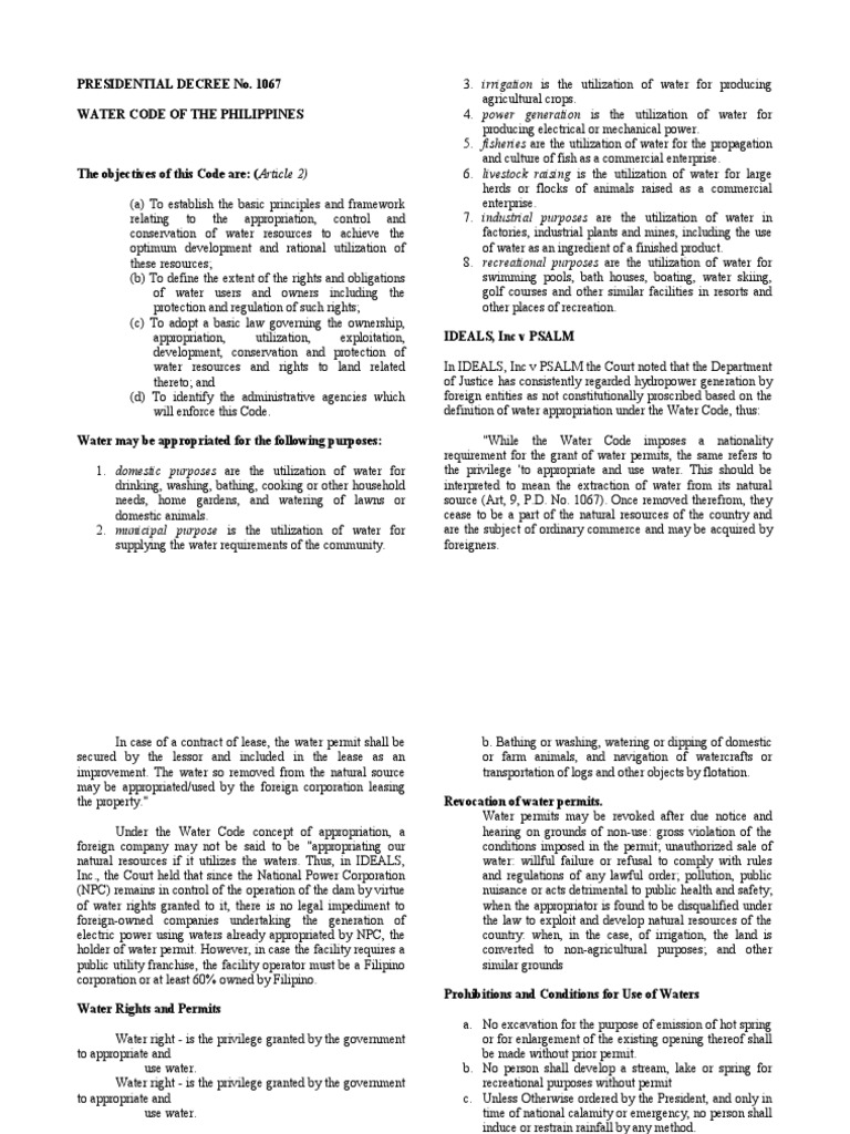 Presidential Decree No. 1067 Water Code of The Philippines | PDF ...