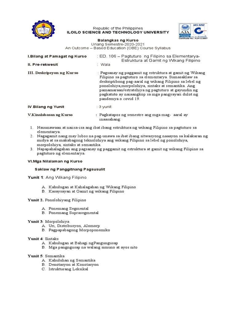 Balangkas NG Kurso Sa Filipino Sa Elementarya 1 | PDF
