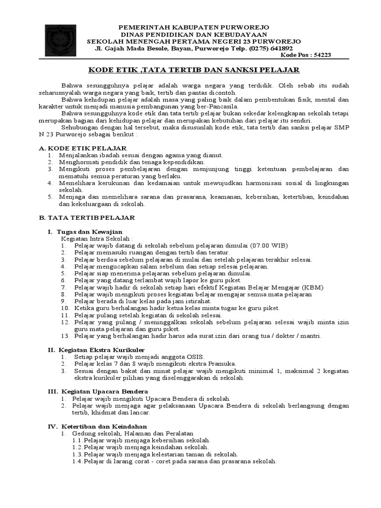 Kode Etik Dan Tata Tertib Pelajar | PDF Kode Etik Dan Tata Tertib Pelajar | PDF