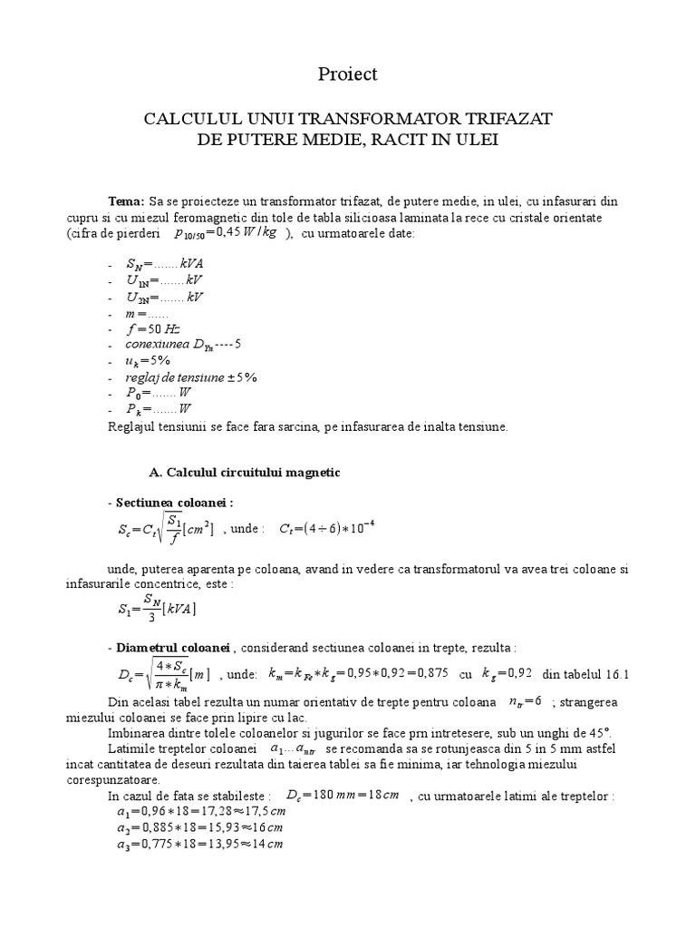 Indrumar Proiect Calculul Unui Transformator Trifazat | PDF