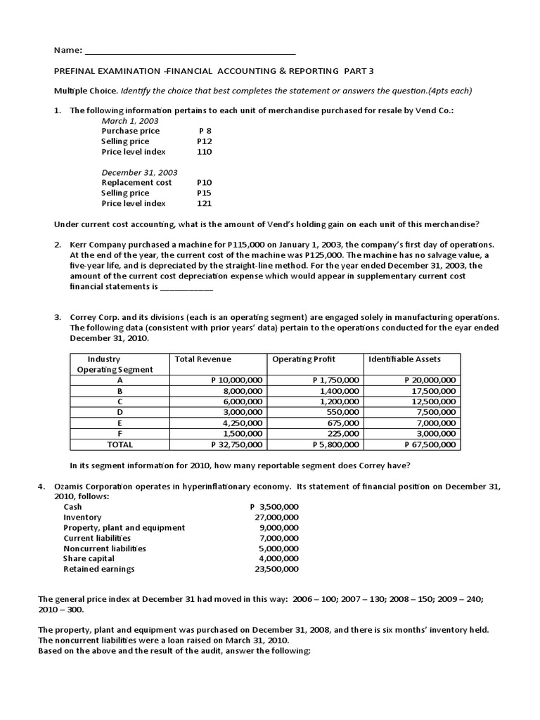 Name: - Prefinal Examination - Financial Accounting & Reporting Part 3 | PDF | Equity (Finance ...