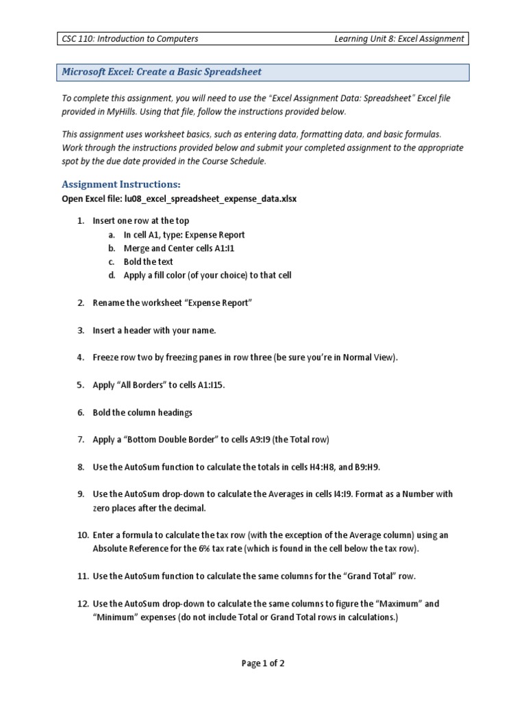 Microsoft Excel: Create A Basic Spreadsheet: Assignment Instructions ...