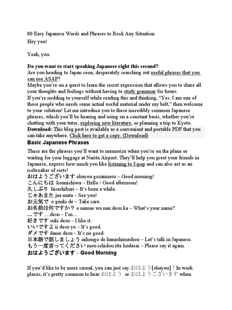 80 Easy Japanese Words and Phrases To Rock Any Situation | PDF