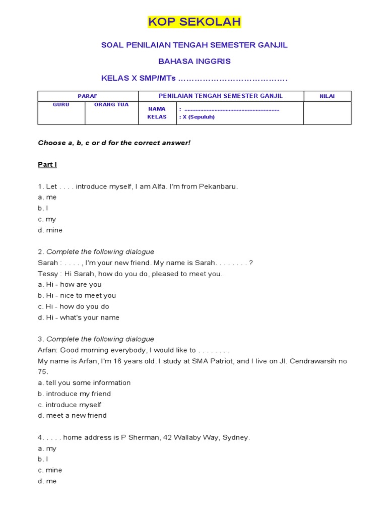 Soal PTS BAHASA INGGRIS Kelas 10 Semester 1 Sma | PDF | Entertainment
