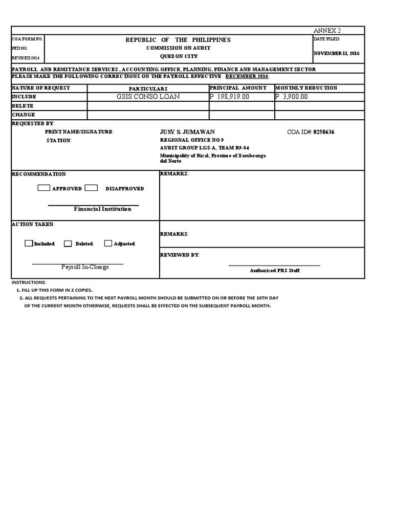 GSIS CO Request For Deduction and Numbers | PDF | Payroll | Government ...