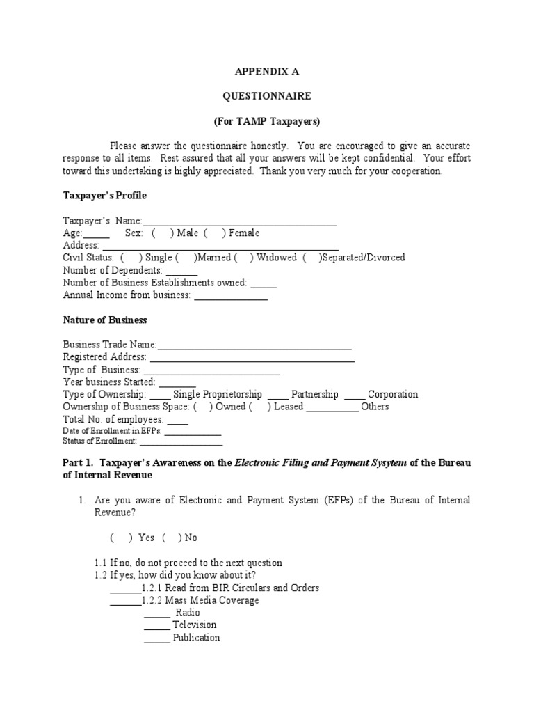 Appendix A Questionnaire (For TAMP Taxpayers) | PDF | Taxpayer ...
