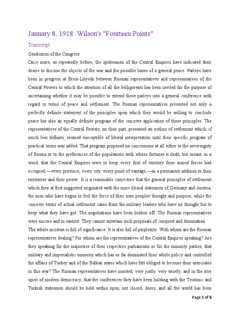 Woodrow Wilson - 14 Points | PDF | Peace | Ethical Principles