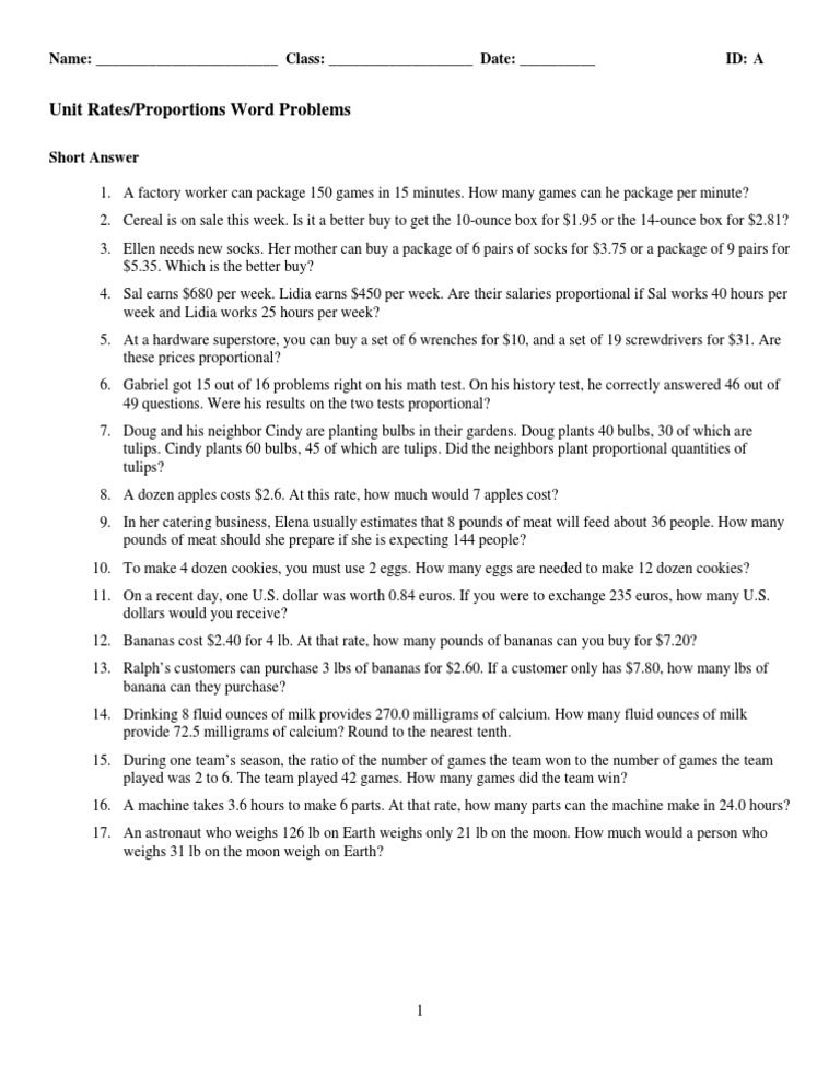 Unit Rates - Proportions Word Problems | PDF | Pound (Mass) | Business