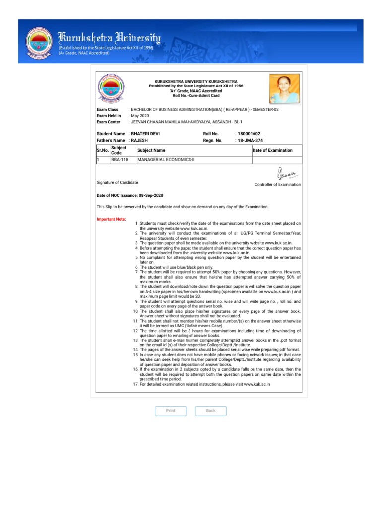 KUK BBA Exam Admit Card | PDF | Books | Learning