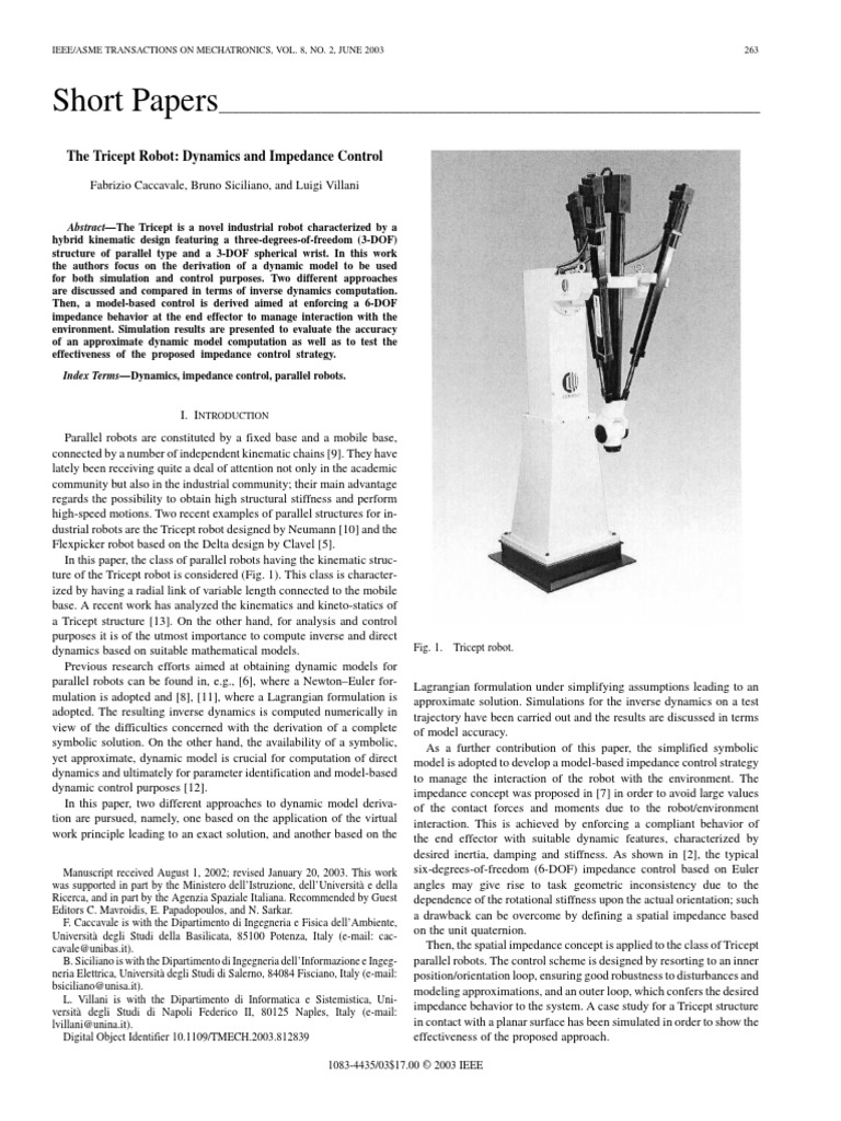 Short Papers: The Tricept Robot: Dynamics and Impedance Control | PDF ...