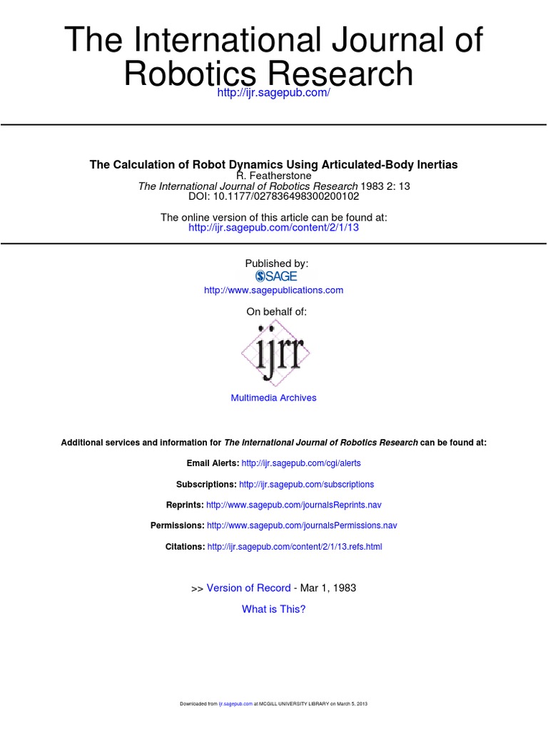 Robotics Research The International Journal Of: The Calculation of ...