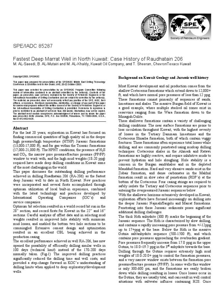 SPE/IADC 85287 Fastest Deep Marrat Well in North Kuwait: Case History ...