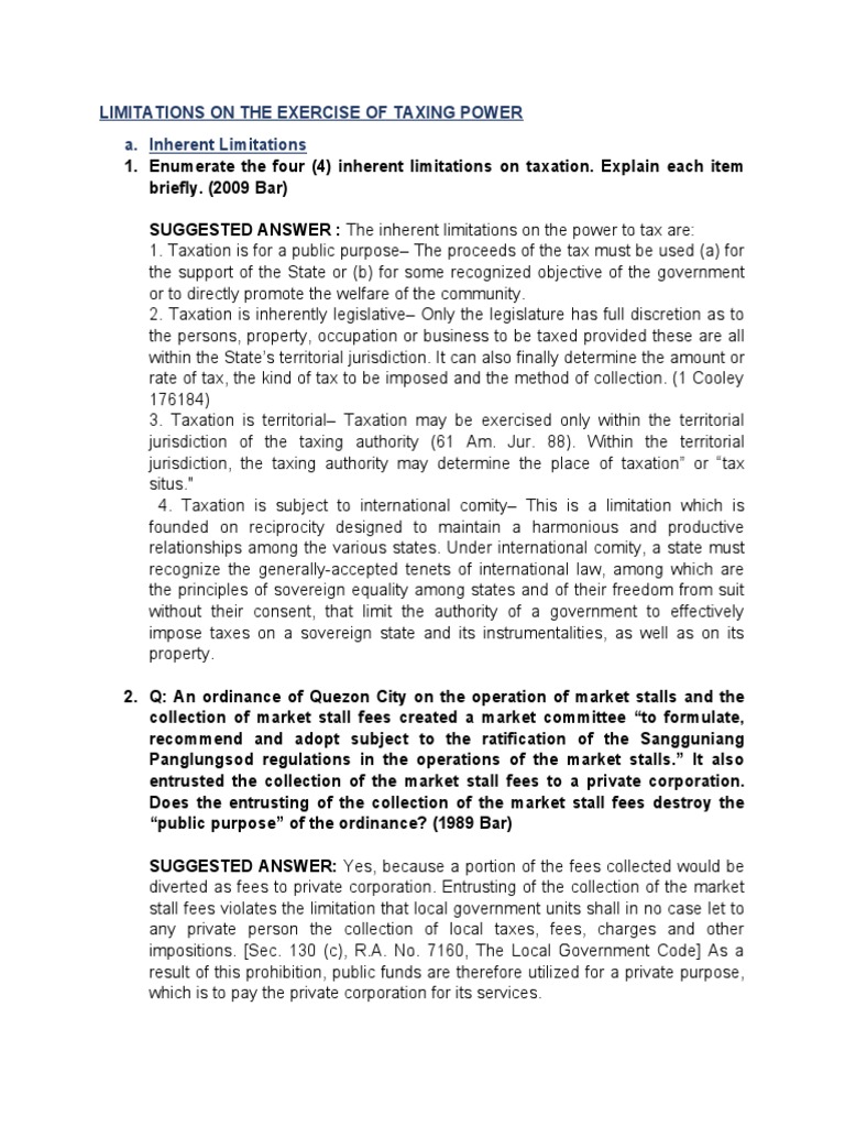 Limitations On The Exercise of Taxing Power A. Inherent Limitations ...