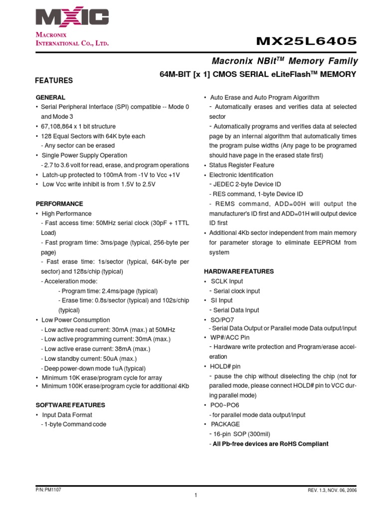 Macronix Nbit Memory Family: 64M-Bit (X 1) Cmos Serial Eliteflash ...