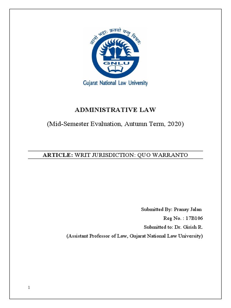 (Mid-Semester Evaluation, Autumn Term, 2020) : Administrative Law | PDF | Writ | Standing (Law)