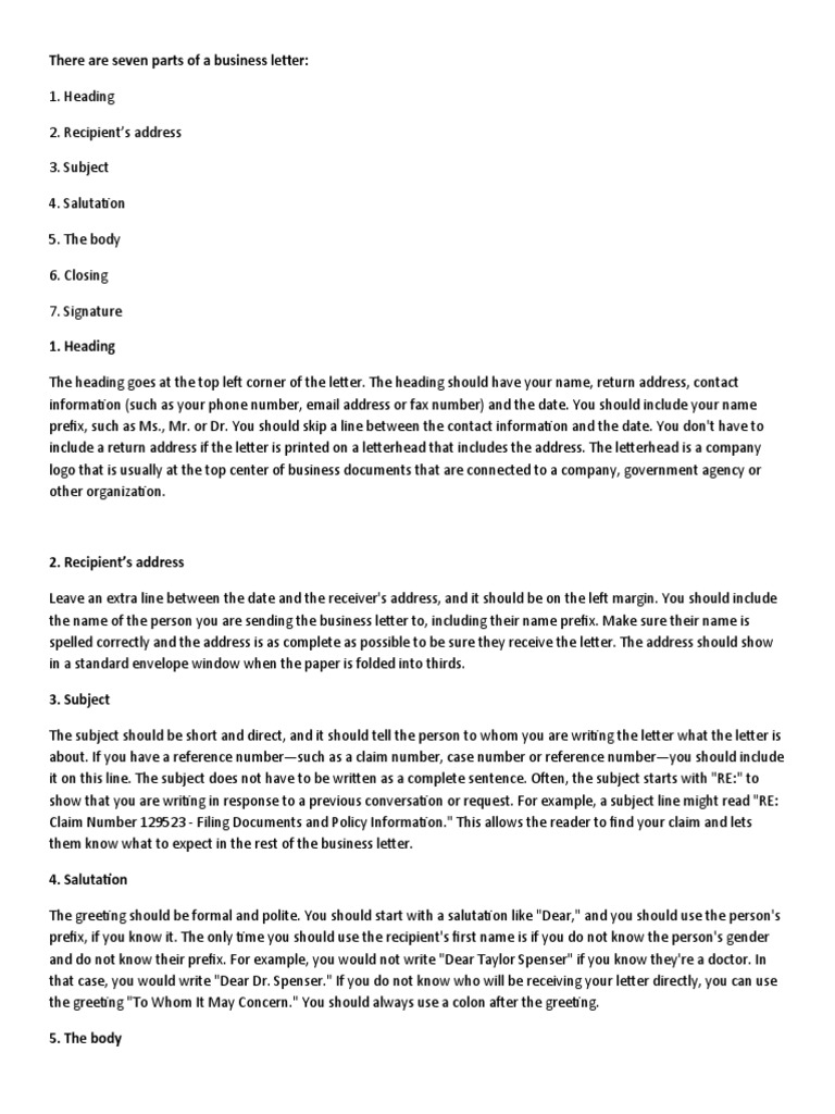The 7 Parts of a Business Letter | PDF | Communication