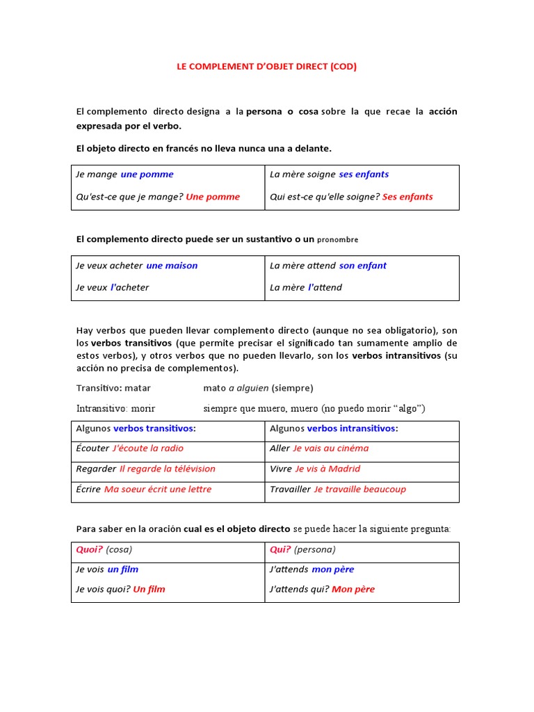 Frances-Complemento Directo e Indirecto | PDF | Objeto (gramática) | Verbo