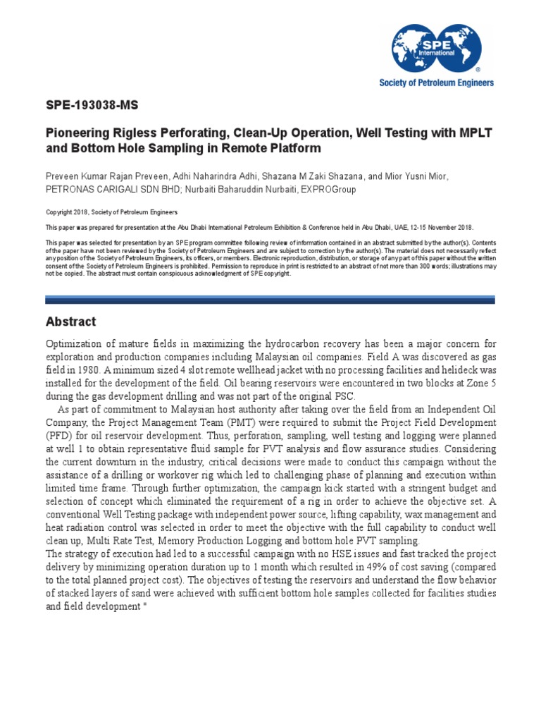 SPE-193038-MS Pioneering Rigless Perforating, Clean-Up Operation, Well ...