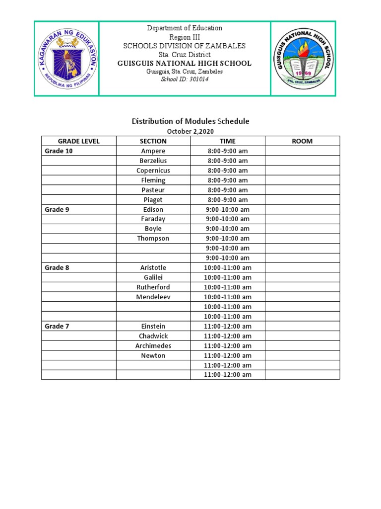 Guisguis National High School Distribution of Modules Schedule for ...