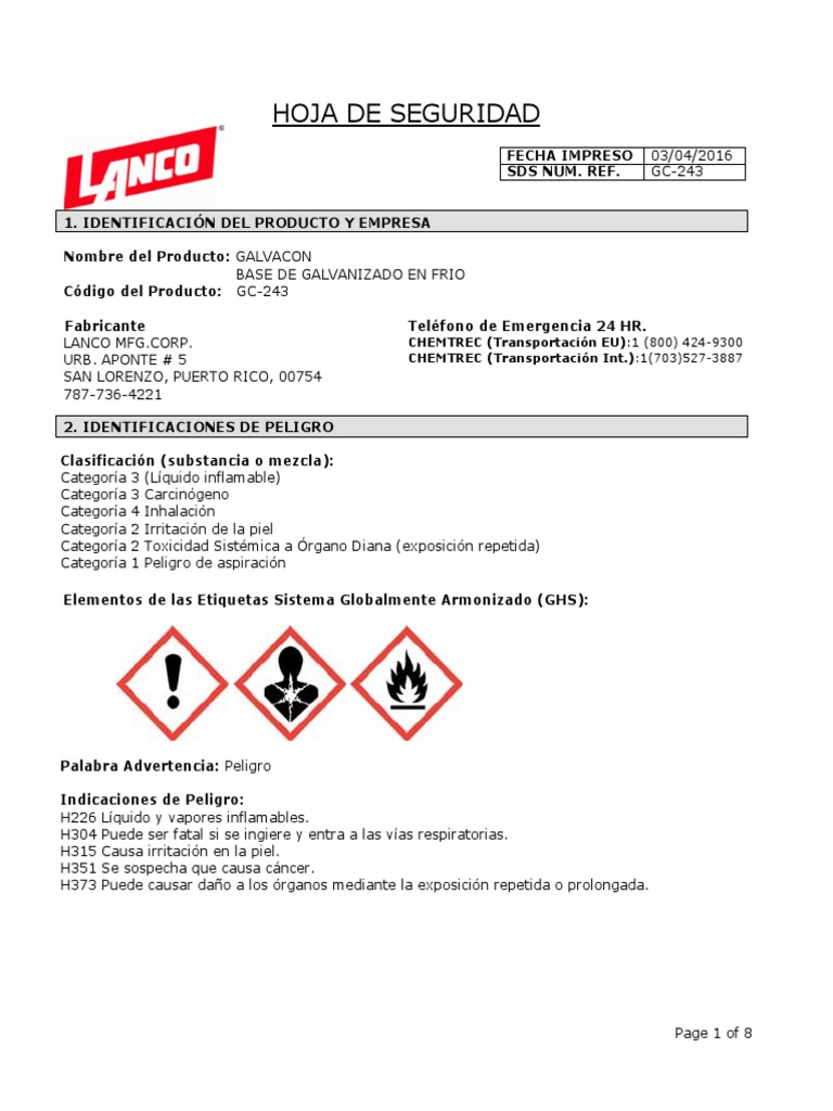 Hoja de Seguridad Galvacon Lanco | PDF | Compuesto orgánico volátil | Agua