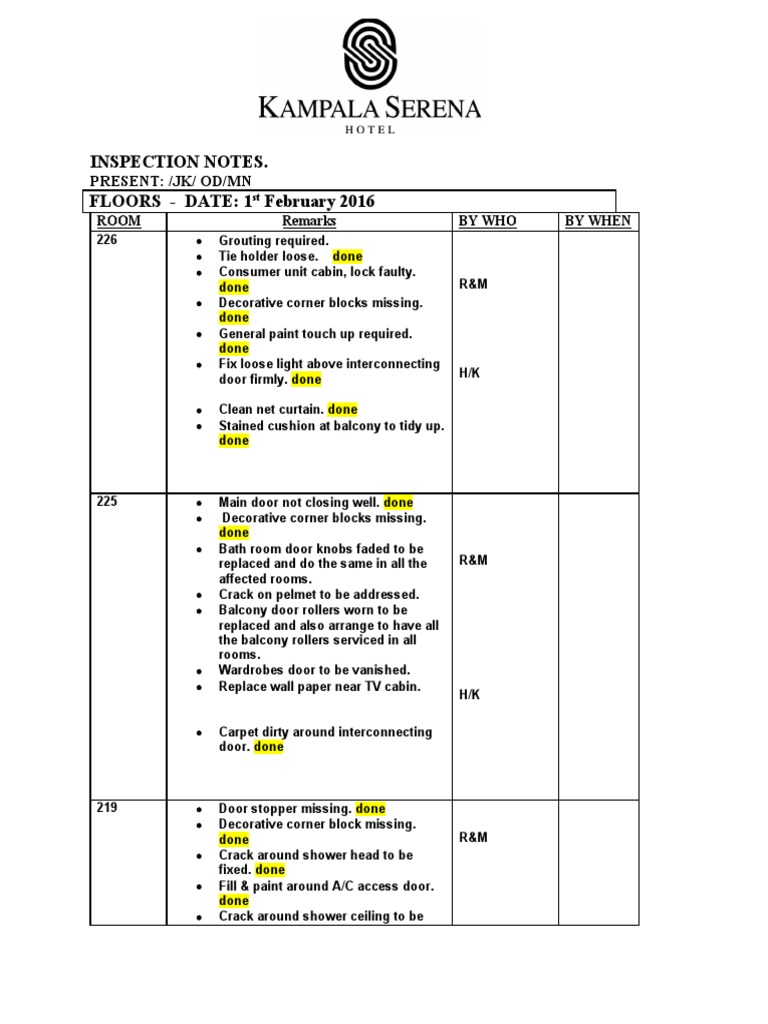 Inspection Notes. Floors - Date: 1 February 2016: Present: /JK/ Od/Mn ...