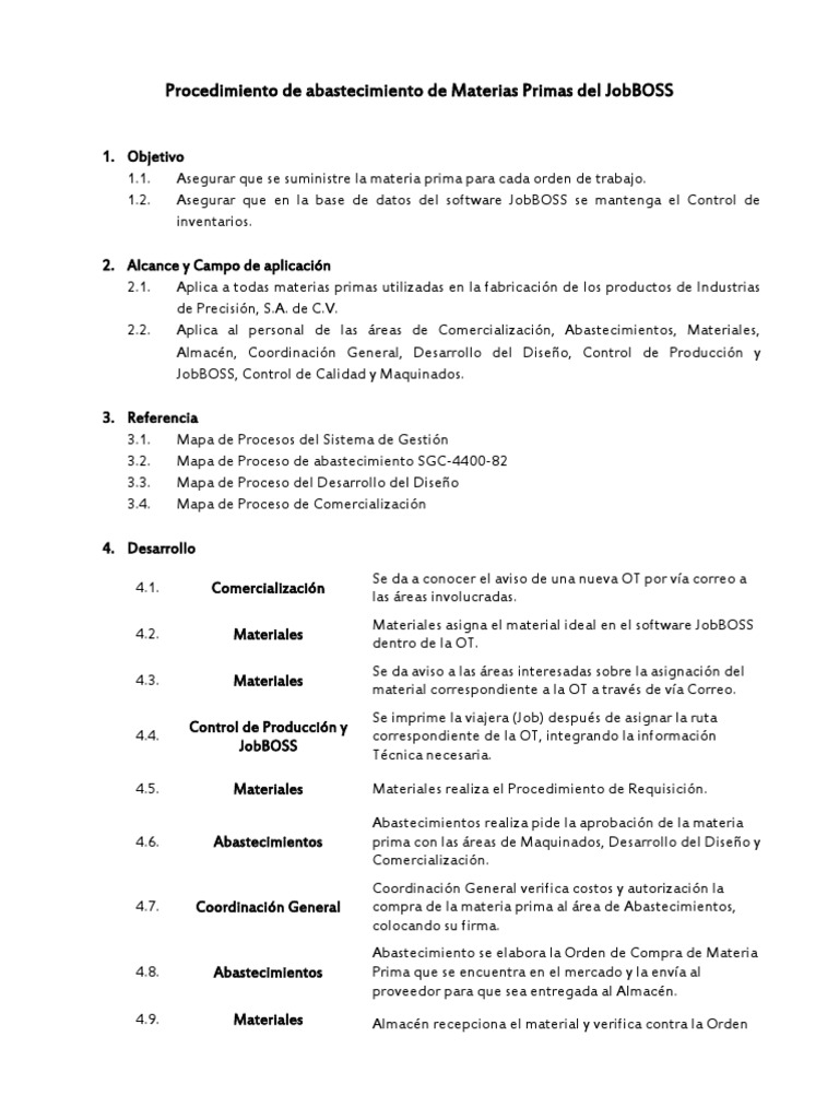 Procedimiento de Abastecimiento de Materias Primas Del JobBOSS | PDF ...