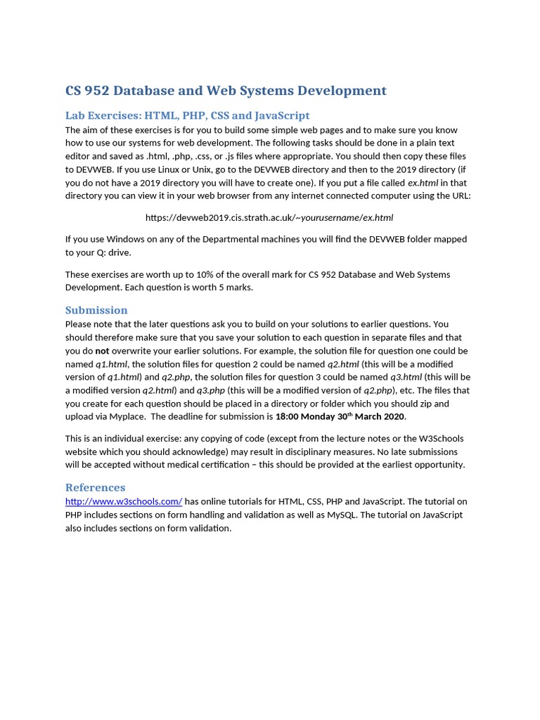 Cs 952 Database and Web Systems Development: Lab Exercises: HTML, PHP ...