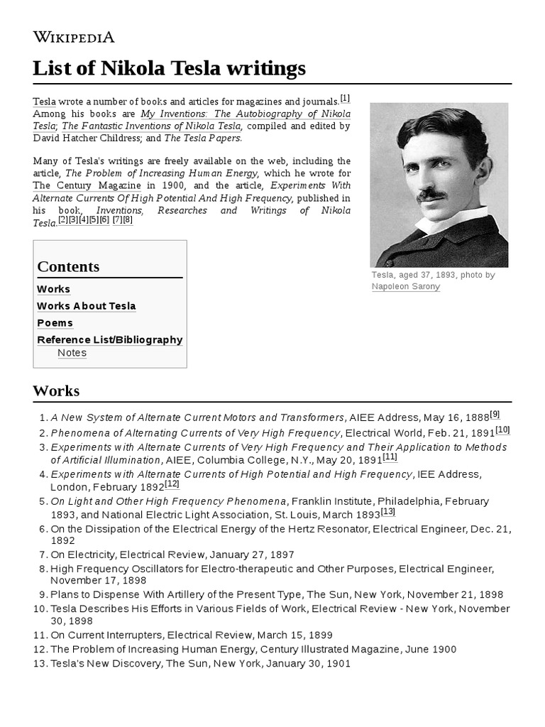 List of Nikola Tesla Writings | PDF | Nikola Tesla | Telegraphy