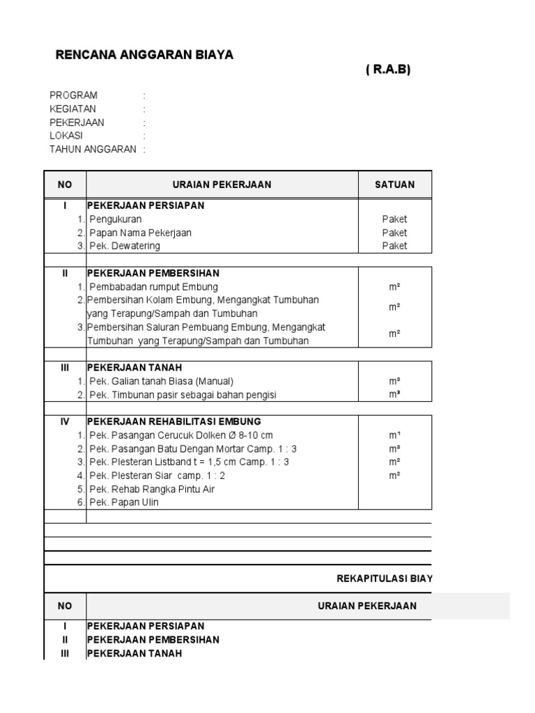RAB Pekerjaan Rehabilitasi Embung | PDF