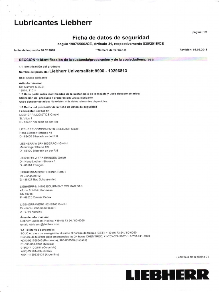 Ficha de Seguridad para Lubricantes Liebherr | PDF | Química | Ciencias ...