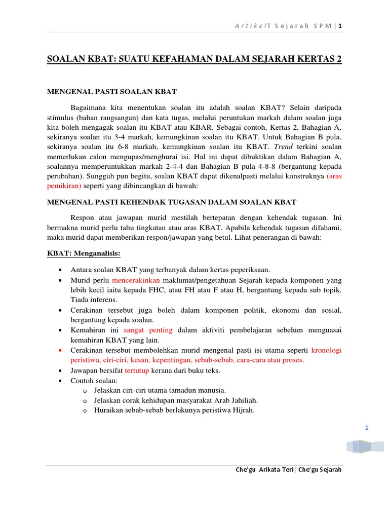 Tips Soalan KBAT Sejarah SPM | PDF