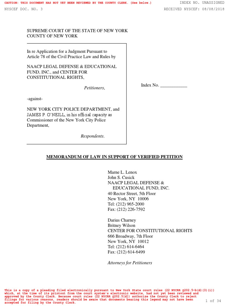 Petitioners,: Memorandum of Law in Support of Verified Petition ...