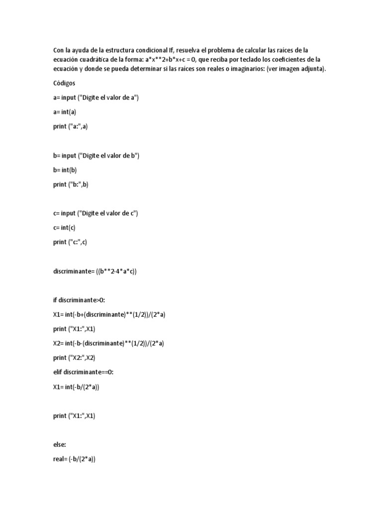 Ecuacion Cuadratica (Codigo Phyton) | PDF