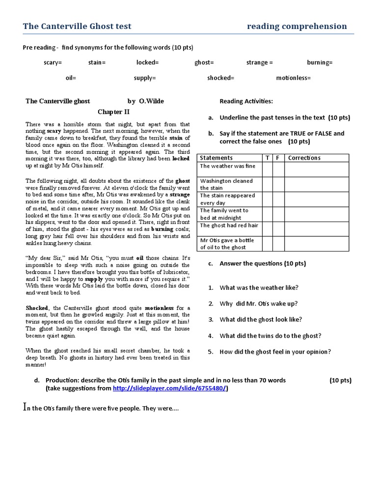 The Canterville Ghost Test Reading Comprehension | PDF