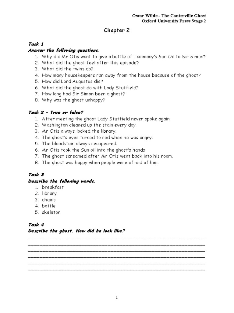 Exercises To The Canterville Ghost Chapter 2 Reading Comprehension ...