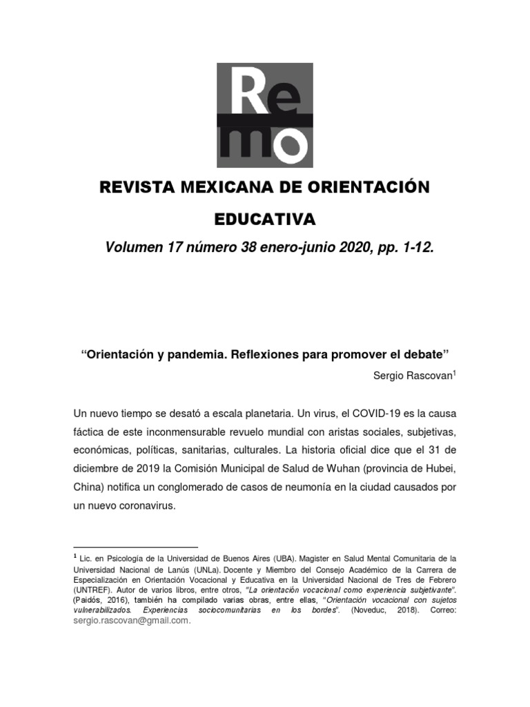 Rascovan, Sergio. Orientación y Pandemia-Editor PDF | PDF | Subjetividad | Experiencia