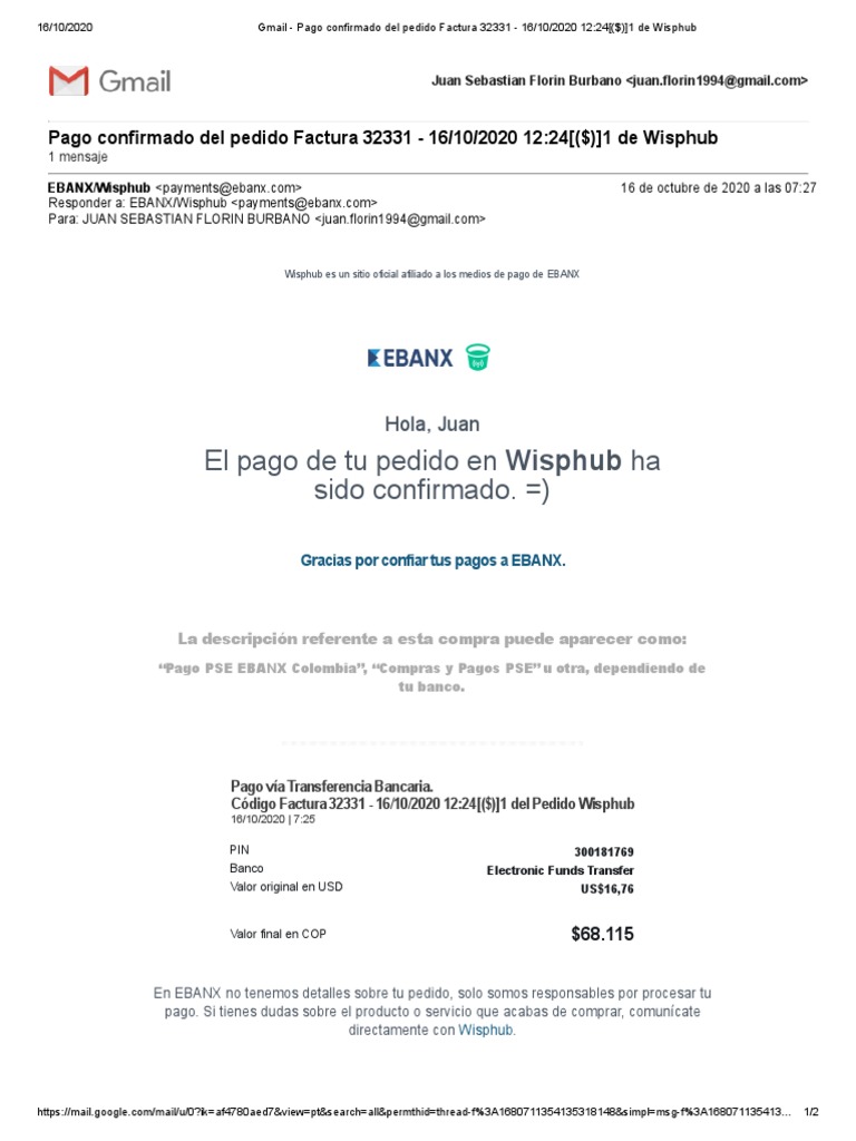 Gmail - Pago Confirmado Del Pedido Factura 32331 - 16 - 10 - 2020 12 ...